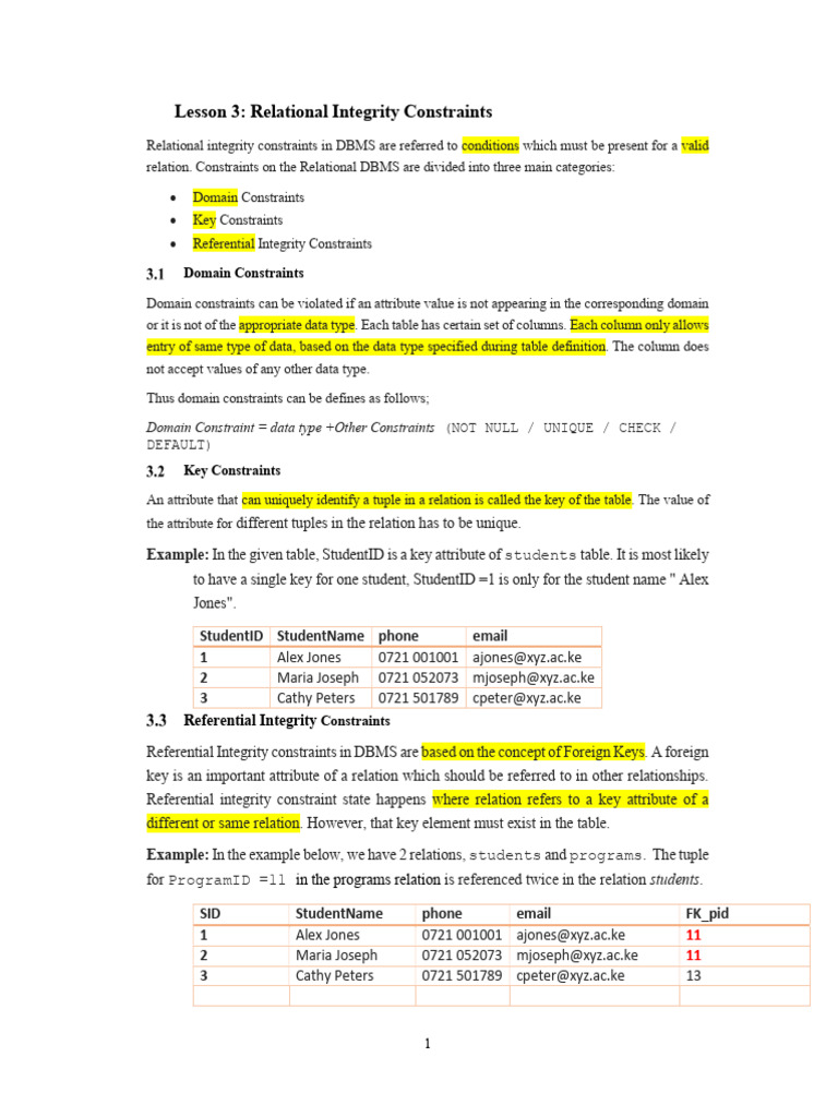 Lesson03-Relational Integrity Constraints | PDF | Relational Database | Relational Model