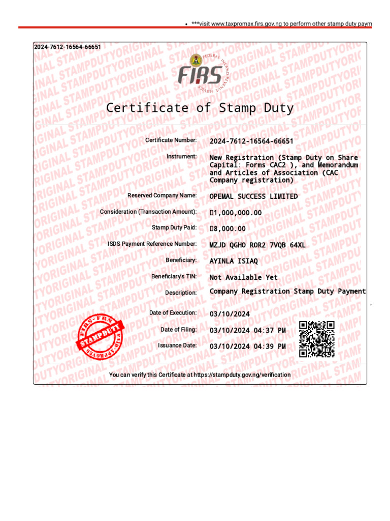 Company Registration Stamp Duty Certificate | PDF
