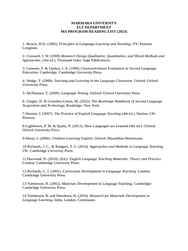 Ma Program Reading List - 2023 | PDF