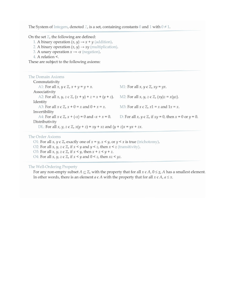 Definition of The Integers MATH1020 | PDF