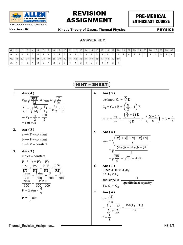 Kinetic Theory of Gases, Thermal Physics - Revision - Assignment#02 - HS | PDF | Scientific ...