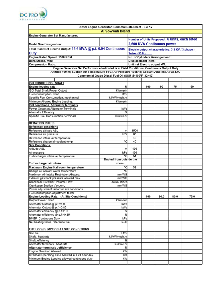 EngineGen Submittal Form Diesel Drive (3.3 KV) | PDF | Diesel Engine ...