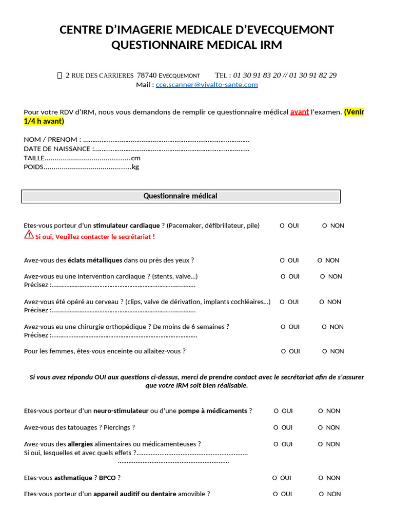 Questionnaire médical pour IRM | PDF | Imagerie par résonance ...