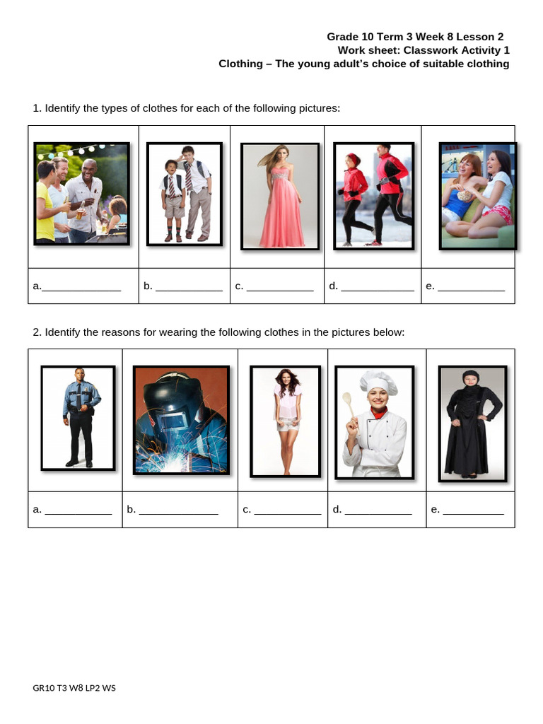 Grade 10 Term 3 Week 8 Lesson 2 Work Sheet: Classwork Activity 1 Clothing - The Young Adult's ...