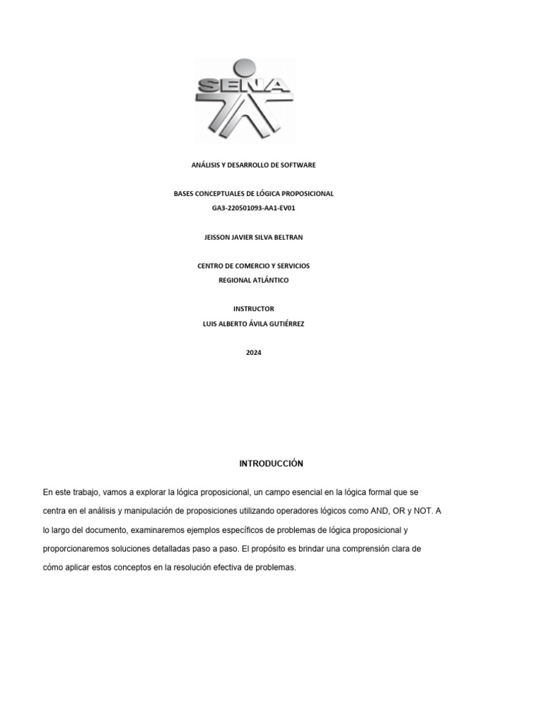 Bases Conceptuales de Lógica Proposicional GA3-220501093-AA1-EV01 | PDF ...