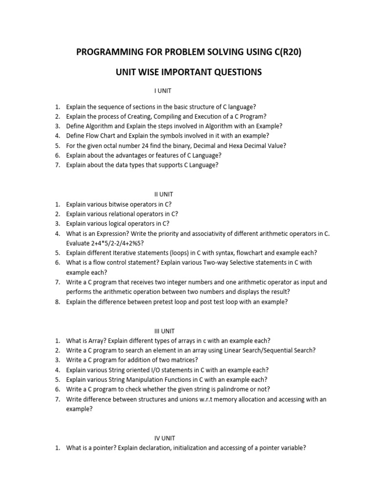 Ppsuc Unit Wise Important Questions-1 | PDF | Computer Program | Programming