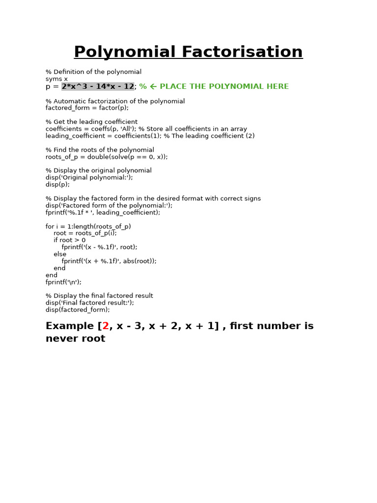 Polynomial Factorisation Matlab | PDF | Factorization | Polynomial