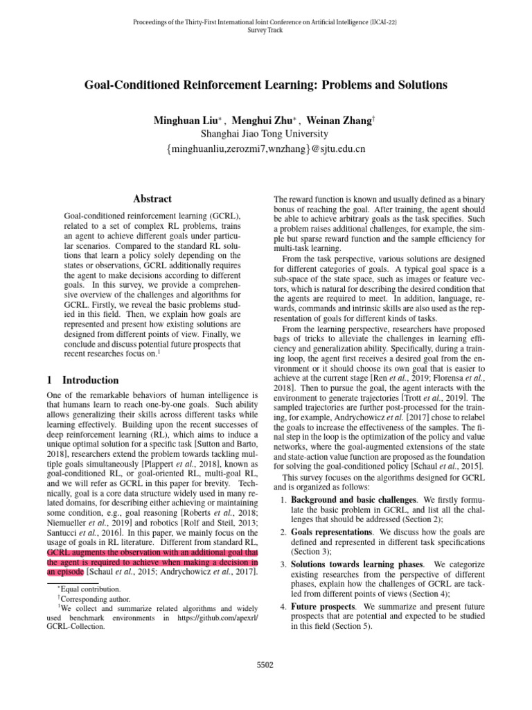 (2022) (IJCAI) (Survey) Goal-Conditioned Reinforcement Learning - Problems and Solutions | PDF ...