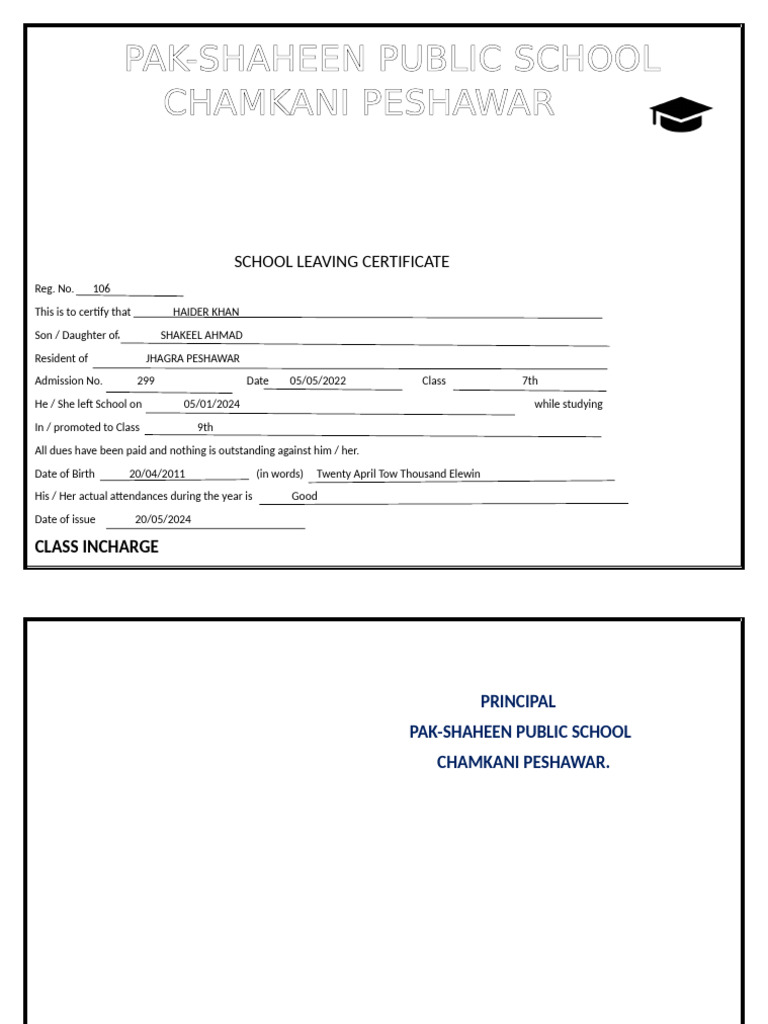 SCHOOL LEAVING CERTIFICATE Haider Khan KK | PDF SCHOOL LEAVING CERTIFICATE Haider Khan KK | PDF