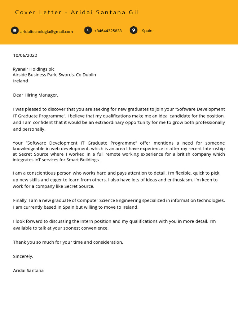 Graduate Cover Letter for Ryanair | PDF