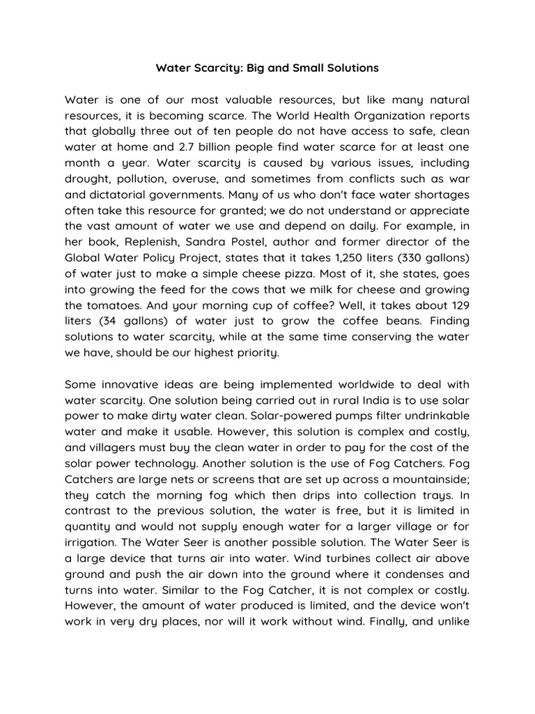 A Problem - Solution Essay - Example | PDF | Water Scarcity | Water
