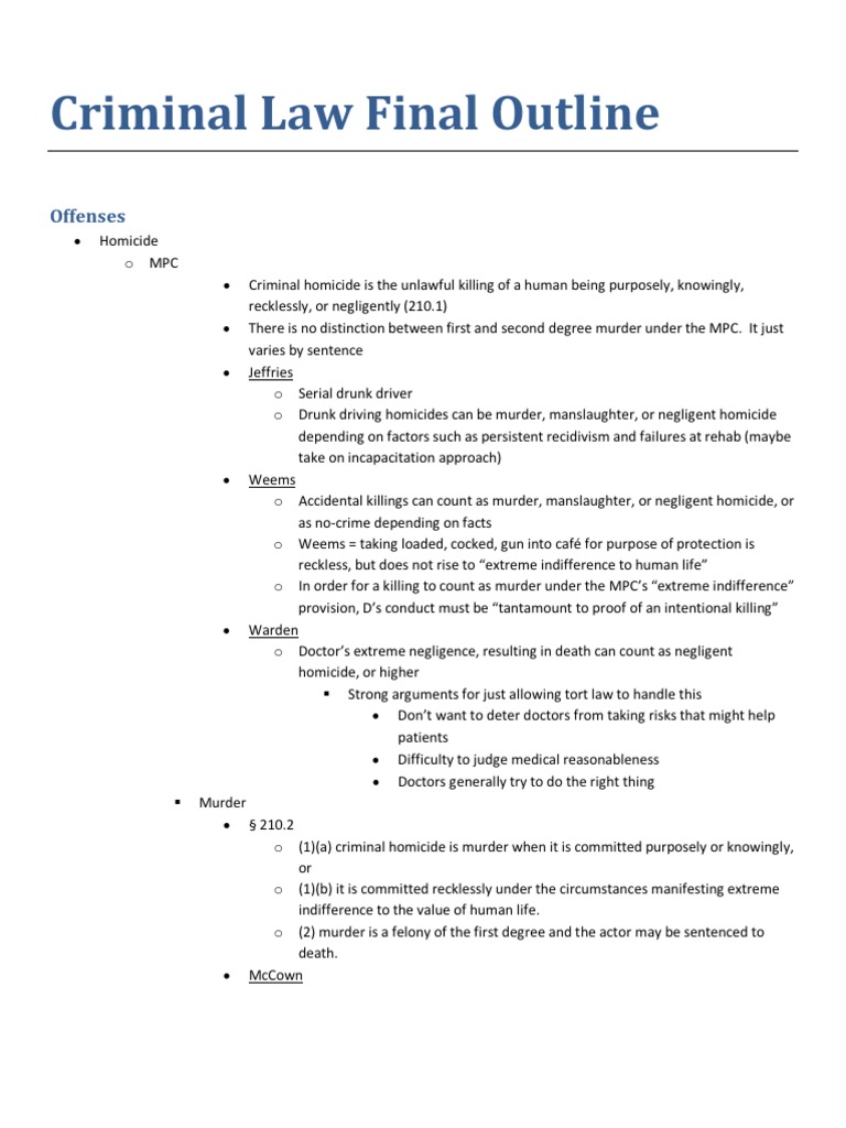 Criminal Law Final Outline | Murder | Mens Rea