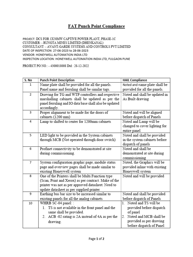 RML CPP PH1C DCS FAT Punch Point Compliance Report | PDF | Computer ...