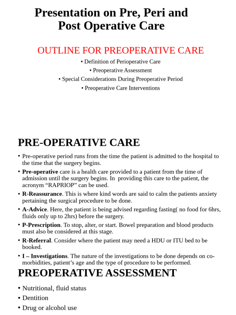 Preoperative vs Perioperative Care Overview | PDF | Surgery | Pain ...