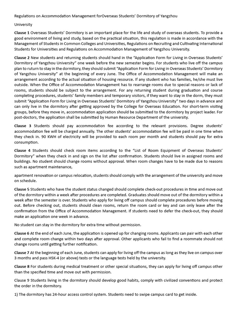 Regulations On Accommodation Management ForOverseas Students en Eng | PDF | Dormitory | Sanitation