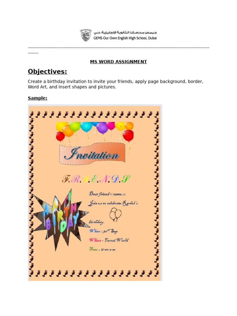 MS WORD ASSIGNMENT - Invite | PDF