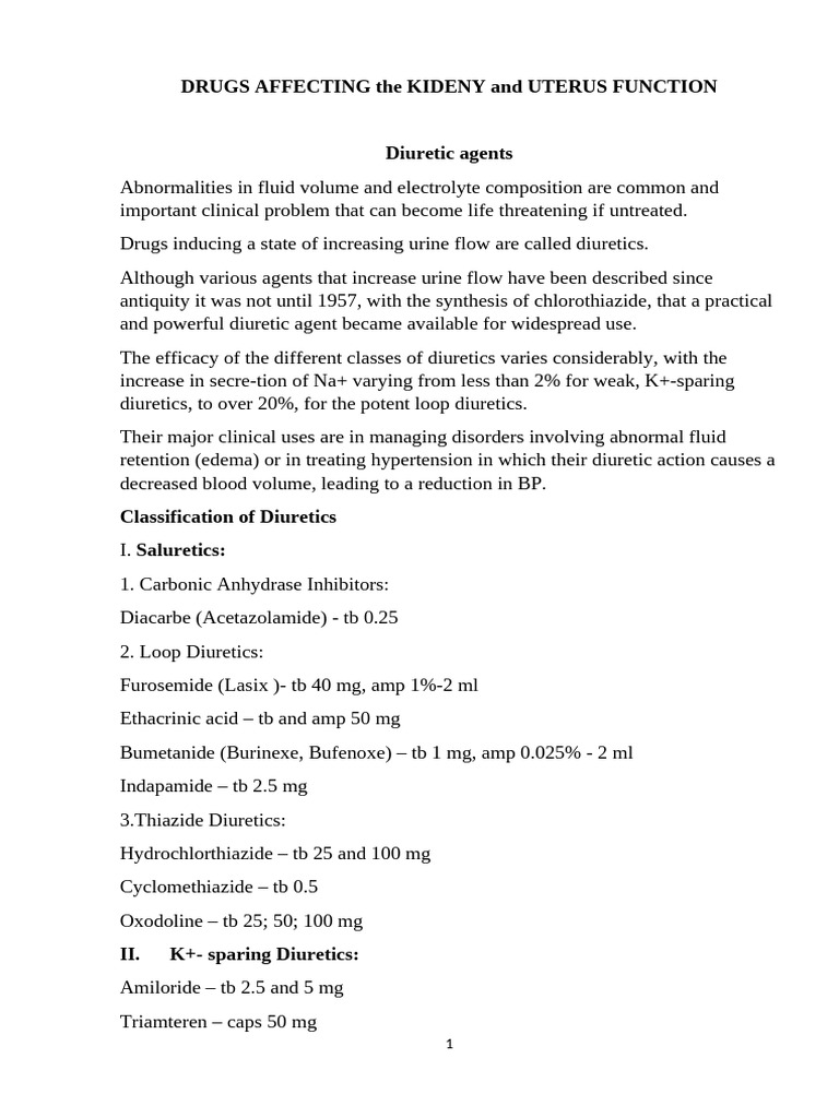 DRUGS AFFECTING The KIDNEY and UTERUS FUNCTION | PDF | Medical Specialties