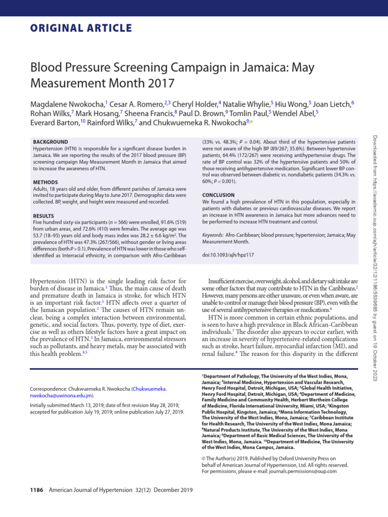 Jamaica Blood Pressure Month | PDF | Hypertension | Blood Pressure