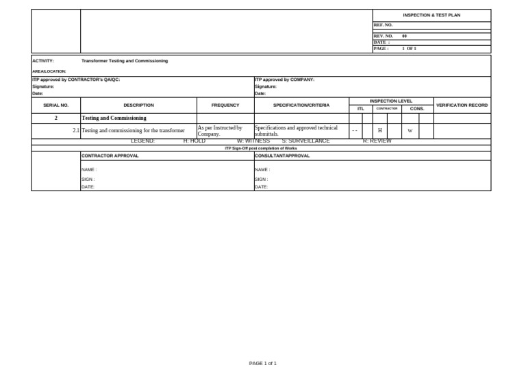 ITP Transformer Testing and Commissioning | PDF | Quality