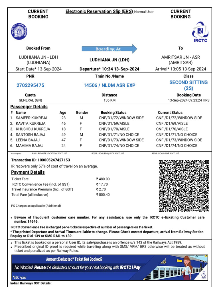 NLDM Asr Exp Second Sitting (2S) : Current Booking Electronic Reservation Slip (ERS) Current ...