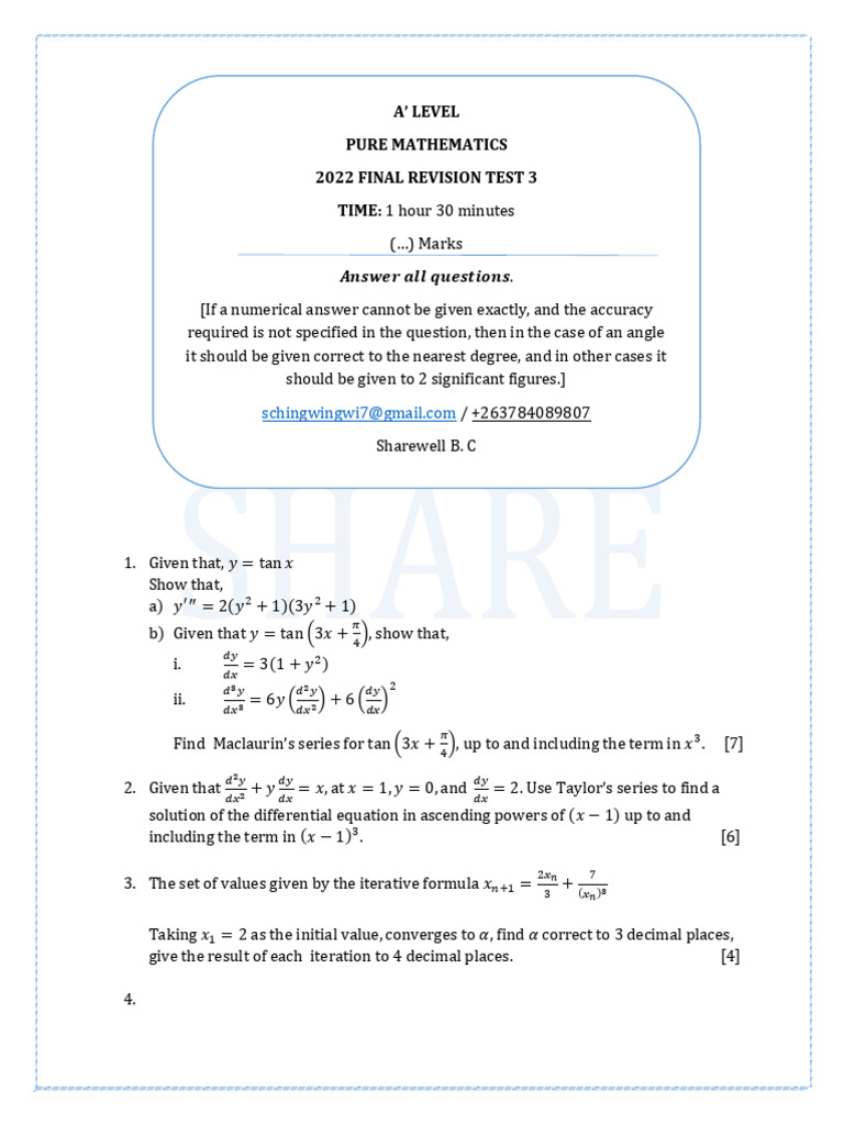 A-Level Pure Math 2022 Revision Test | PDF | Group (Mathematics) | Pi