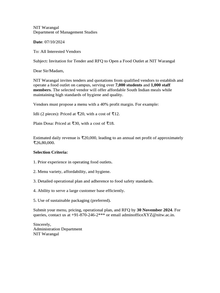 Tendor Letter | PDF