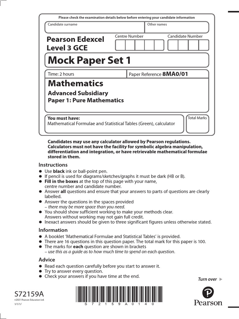 AS Maths Mock Paper Set 1 | PDF | Mathematics | Quadratic Equation