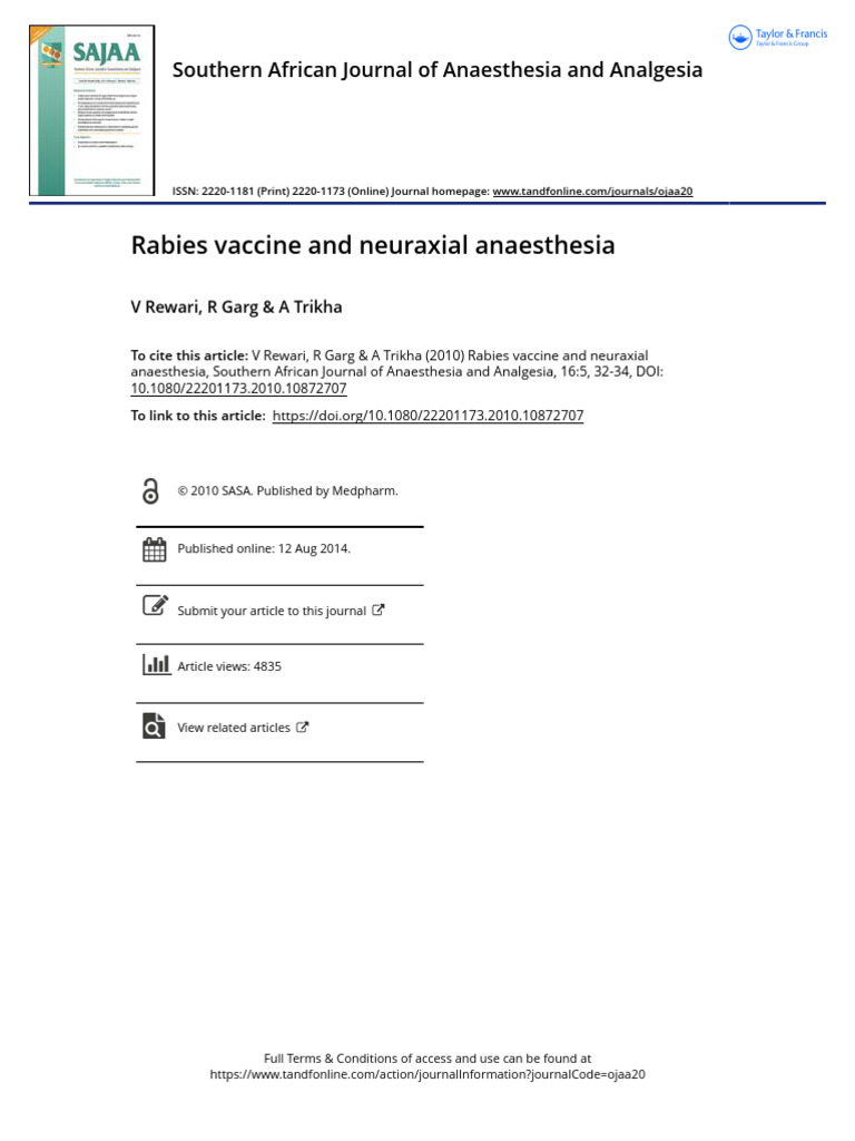 Neuraxial Anaesthesia with PCECV Vaccine | PDF | Rabies | Anesthesia