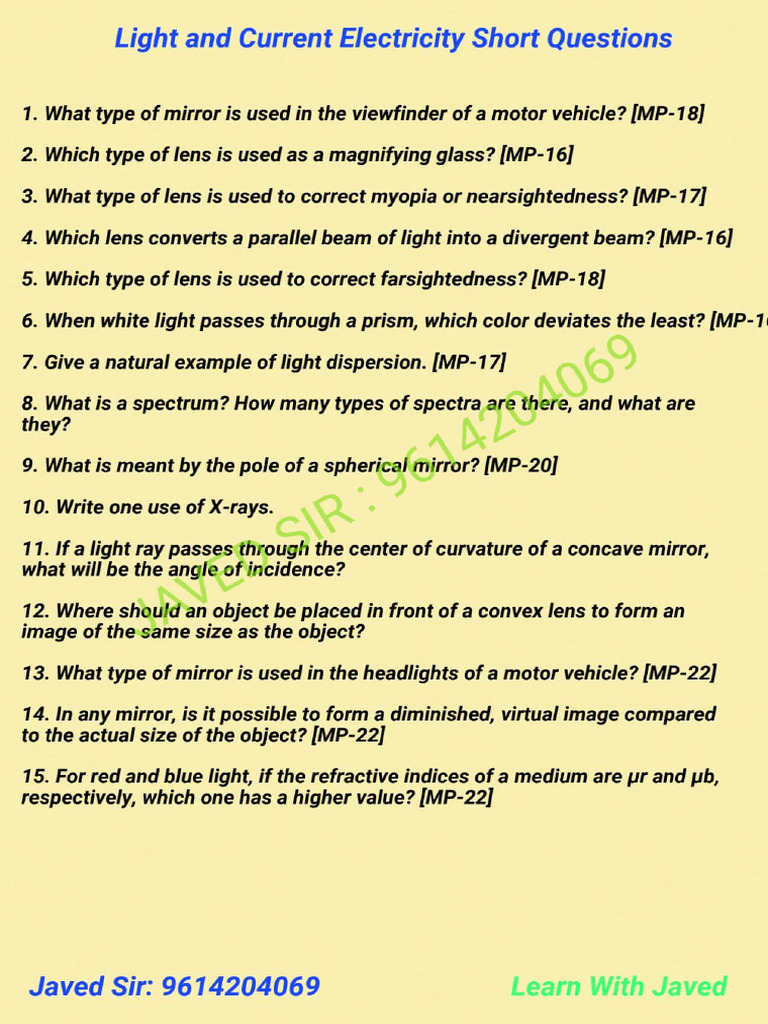 Light and Current Electricity Short Questions - 20241031 - 155552 | PDF