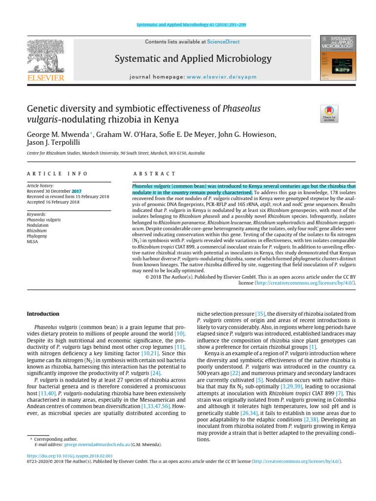 Genetic Diversity and Symbiotic Effectiveness of Phaseolus Vulgaris-Nodulating Rhizobia in Kenya ...