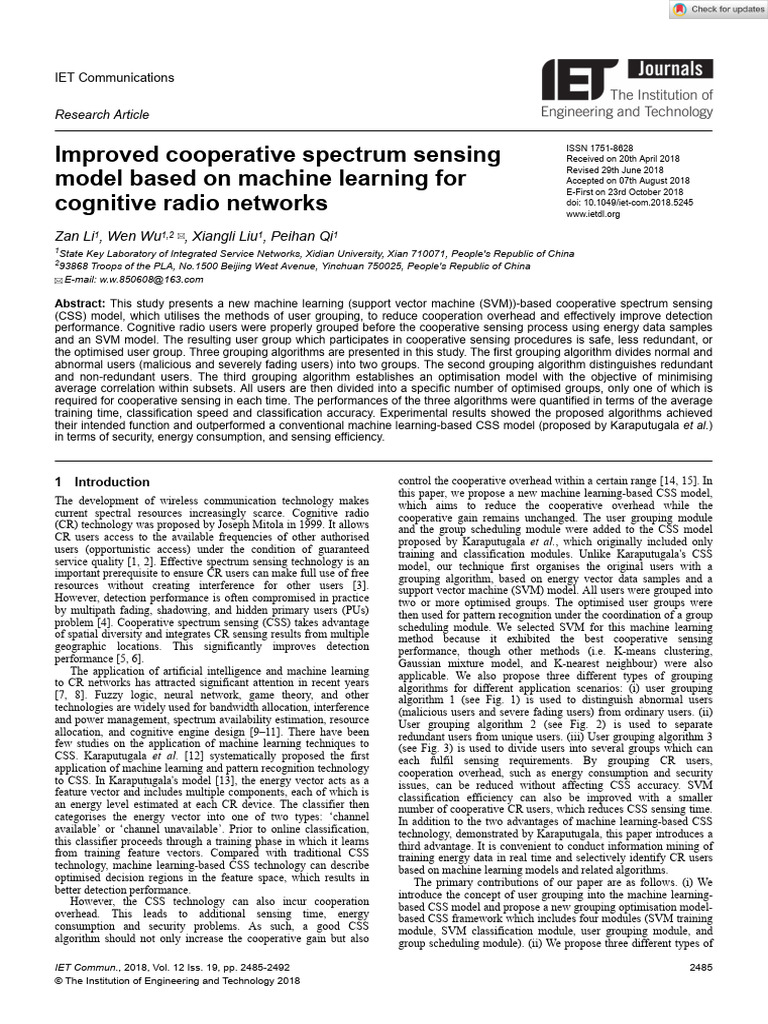 Improved Cooperative Spectrum Sensing Model Based On Machine Learning For Cognitive Radio Pdf