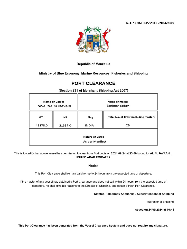 PortClearanceCertificate VCR DEP SMCL 2024 2983 | PDF