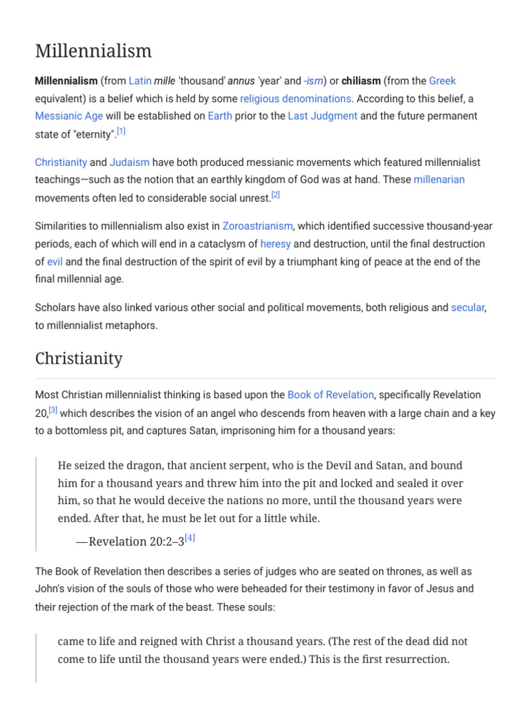 Millennialism - Wikipedia | PDF | Millennialism | Premillennialism
