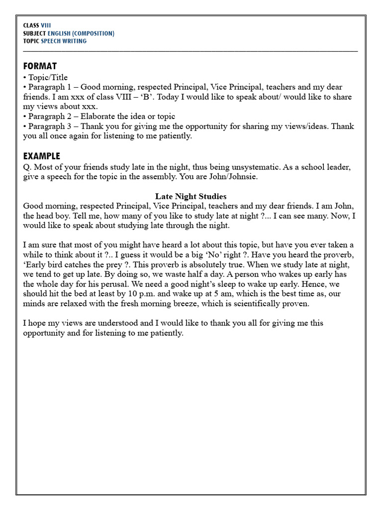 Class Viii English - Speech Writing | PDF | Junk Food | Foods