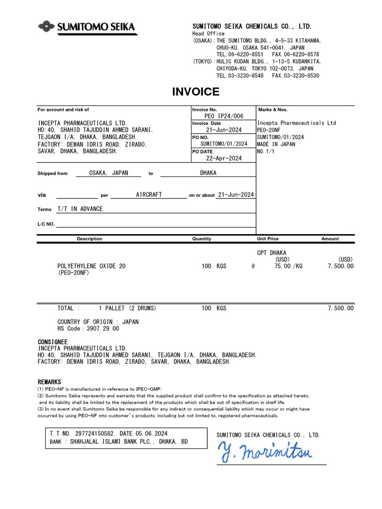 Invoice for PEO-20NF Shipment to Incepta | PDF