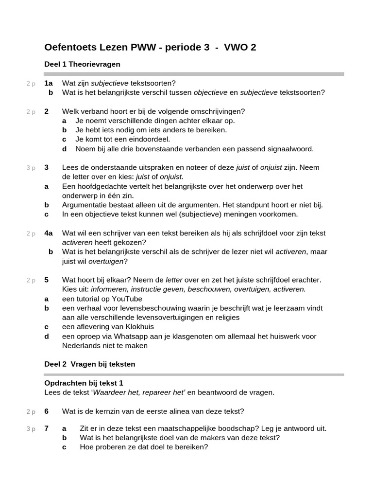 Oefentoets Lezen Periode 3 | PDF