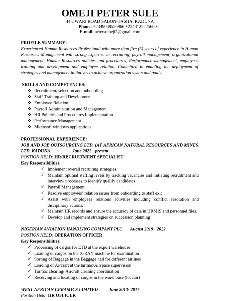 Omeji Peter Peter Latest CV | PDF | Human Resources | Recruitment
