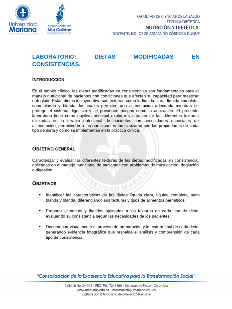 Practica de laboratorio, dietas modificadas en consistencias | PDF | Dieta | Alimentos