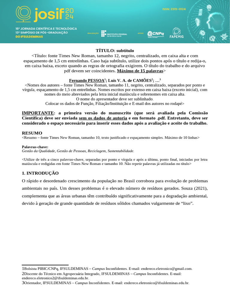 Modelo - Resumo Josif 2024 - Samara | PDF | Desperdício | Reciclagem