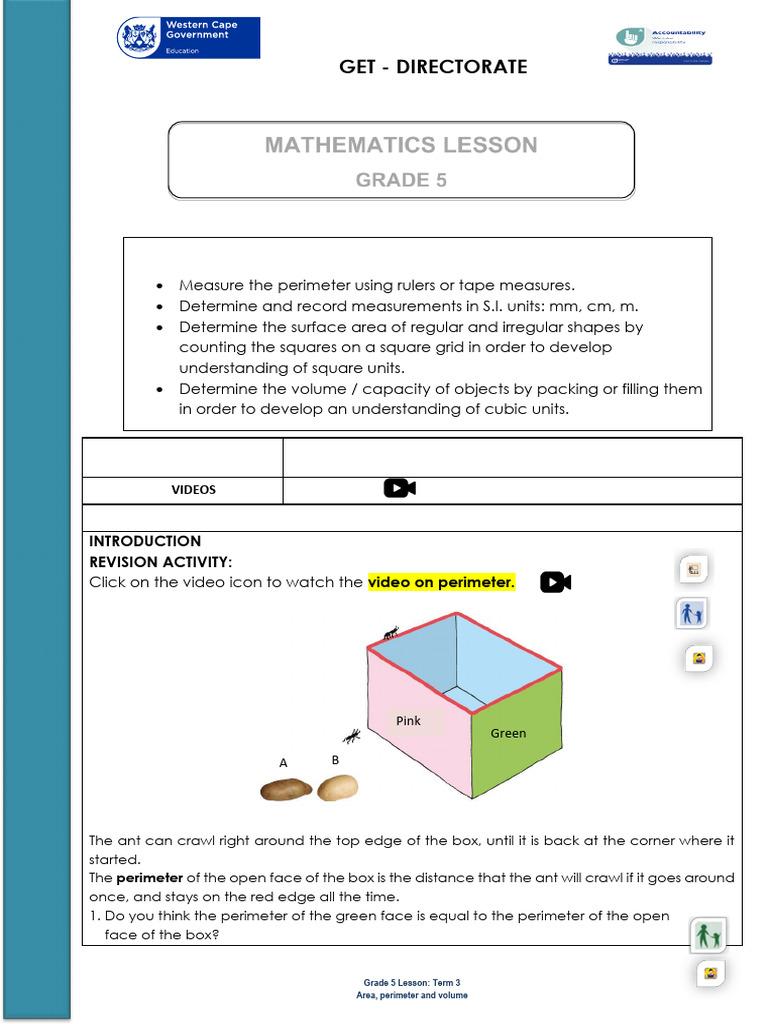 GET IP Grade 5 Mathematics Perimeter Area and Volume Term 3 Week 6 ...