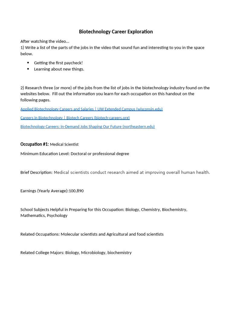 Biotechnology Career Exploration Worksheet | PDF