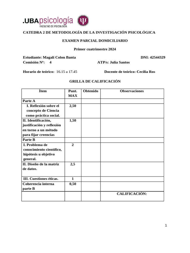 Examen Parcial Metodologìa de La Investigación 2024 1c Magali Colon ...
