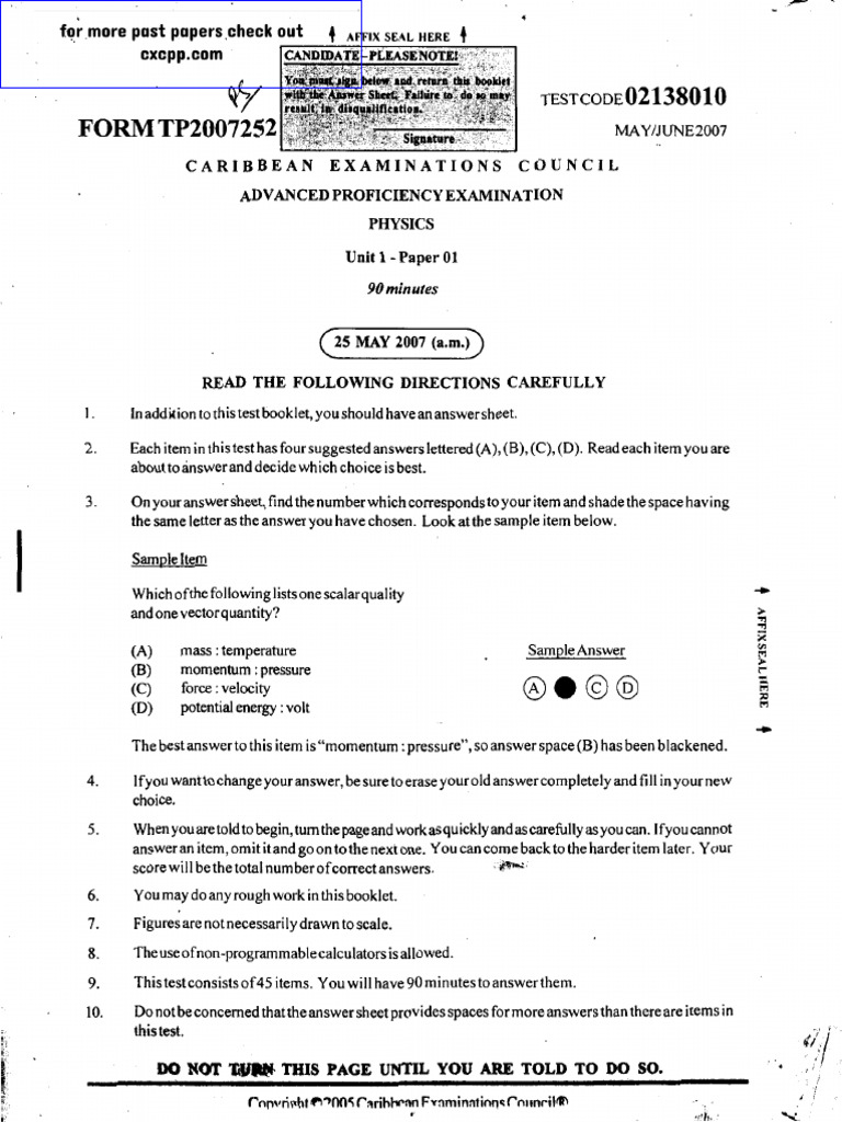 CXC Physics Advanced Proficiency Exam 2007 | PDF | Waves | Wavelength
