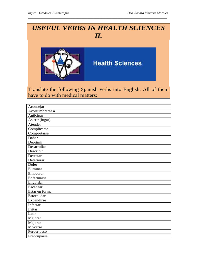 Useful Verbs in Health Sciences II - Physiotherapy | PDF