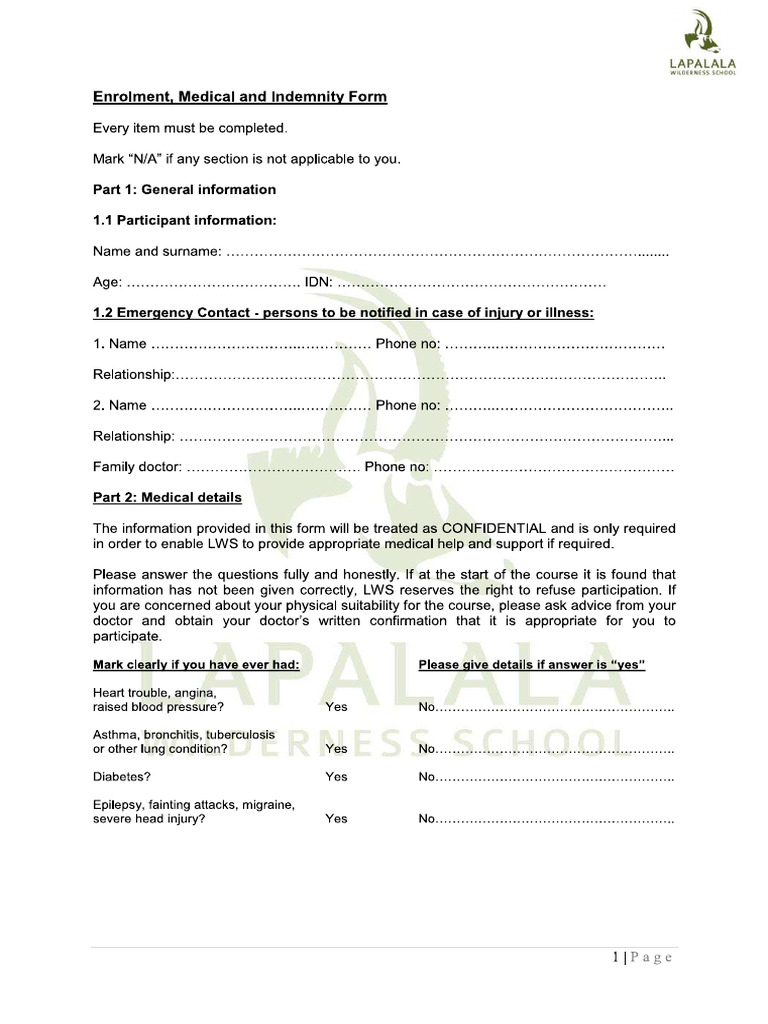 Indemnity Form 2021 | PDF