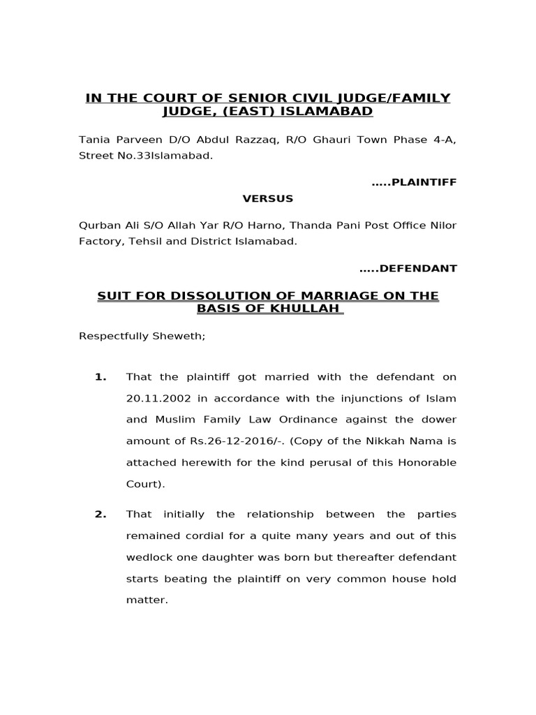 Khullah Marriage Dissolution Suit | PDF | Marriage | Social Institutions