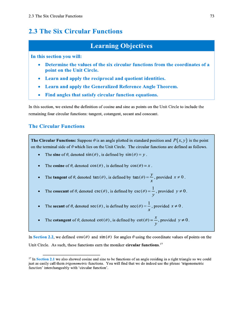 The Six Circular Functions | PDF