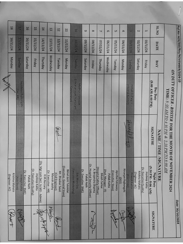 Night Duty Roster For The Month of November 2024 | PDF
