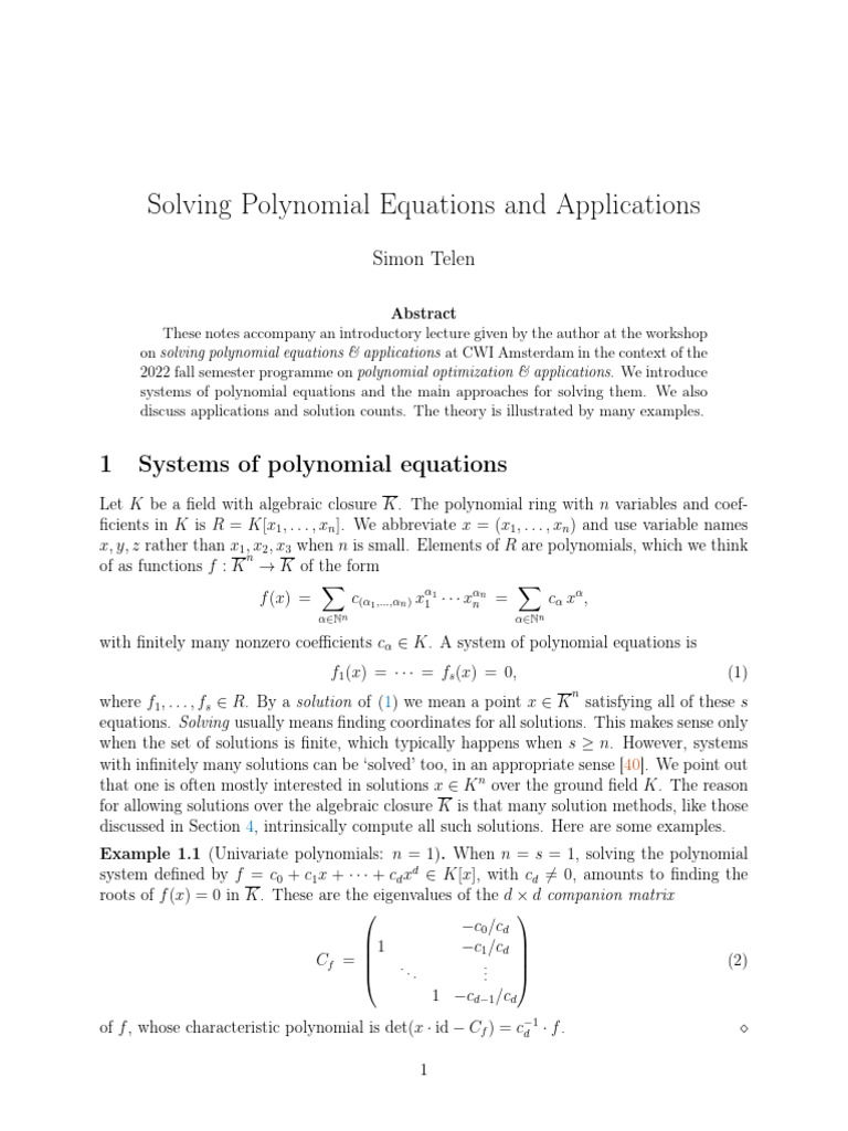 Solving Polynomial Equations And Applications Pdf Eigenvalues And Eigenvectors Matrix