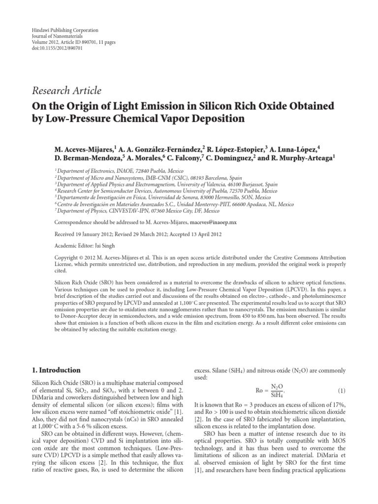 On The Origin The Light Emission of Silicon Rich Oxide Obtained by Low ...